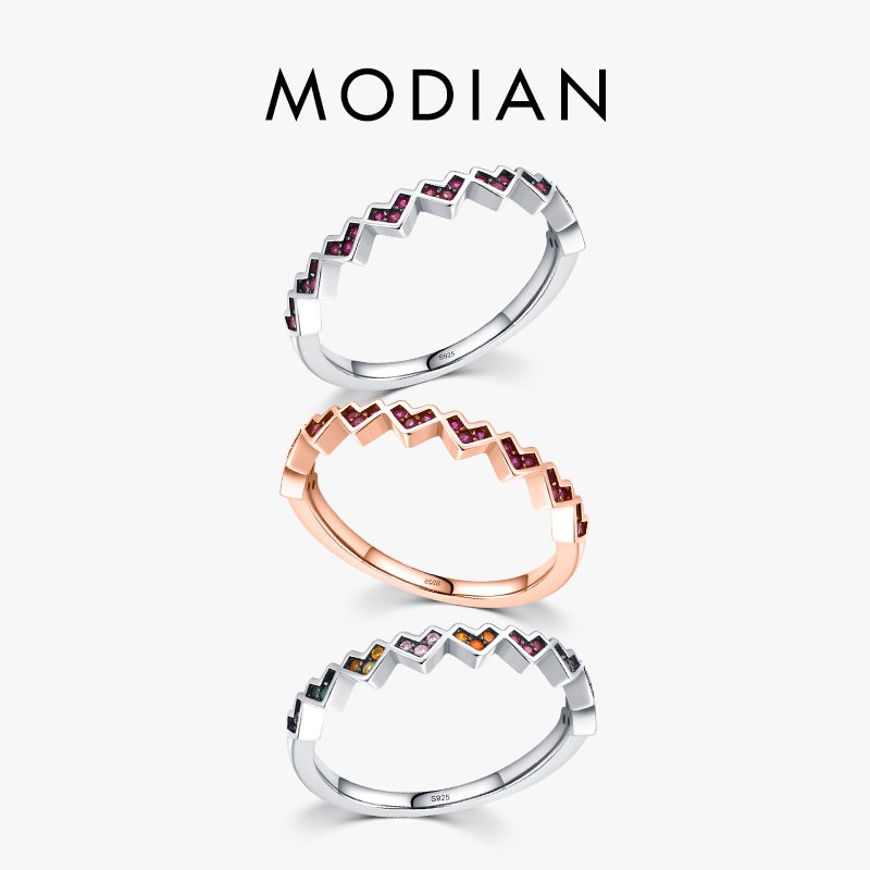 Modian แหวนเงินแท้ 925 รูปหัวใจ สีรุ้ง ซ้อนกันได้ เครื่องประดับแฟชั่น ...