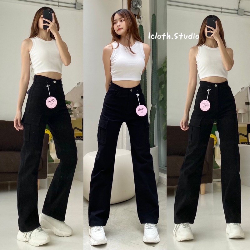 🤎 Chuu-5kg Cargo jeans Y2K🤍 กางเกงยีนส์ขากระบอก สไตล์คาร์โก ดีเทลกระเป๋าข้าง | Shopee Thailand