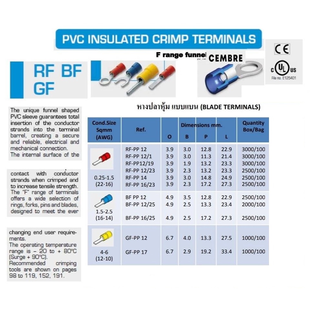 "CEMBRE" หางปลาหุ้ม แบบแบน (BLADE TERMINALS) YELLOW COLOR 4-6 SQ.MM. GF ...