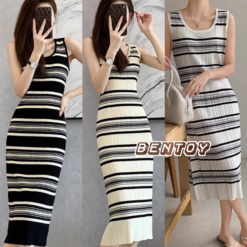 Bentoy(39118) ชุดเดรสแขนกุดรัดรูปคอกลมลายทางเก๋ๆ | Shopee Thailand