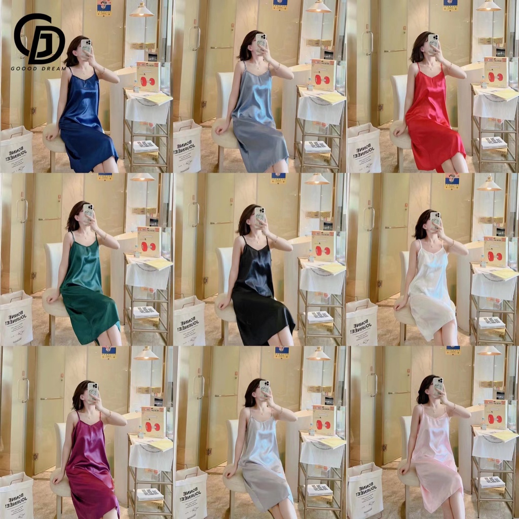 n114 ชุดนอน ชุดนอนกระโปรง ซาตินเดรสสายเดี่ยว เนื้อนุ่มคุณภาพสูง สไตล์สี ...