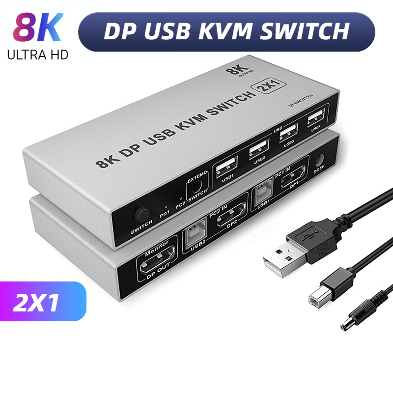 สวิตช์จอแสดงผล 8K KVM 2 พอร์ต Dp USB KVM 4K@144hz 1.4 สวิตช์ KVM Dp ...