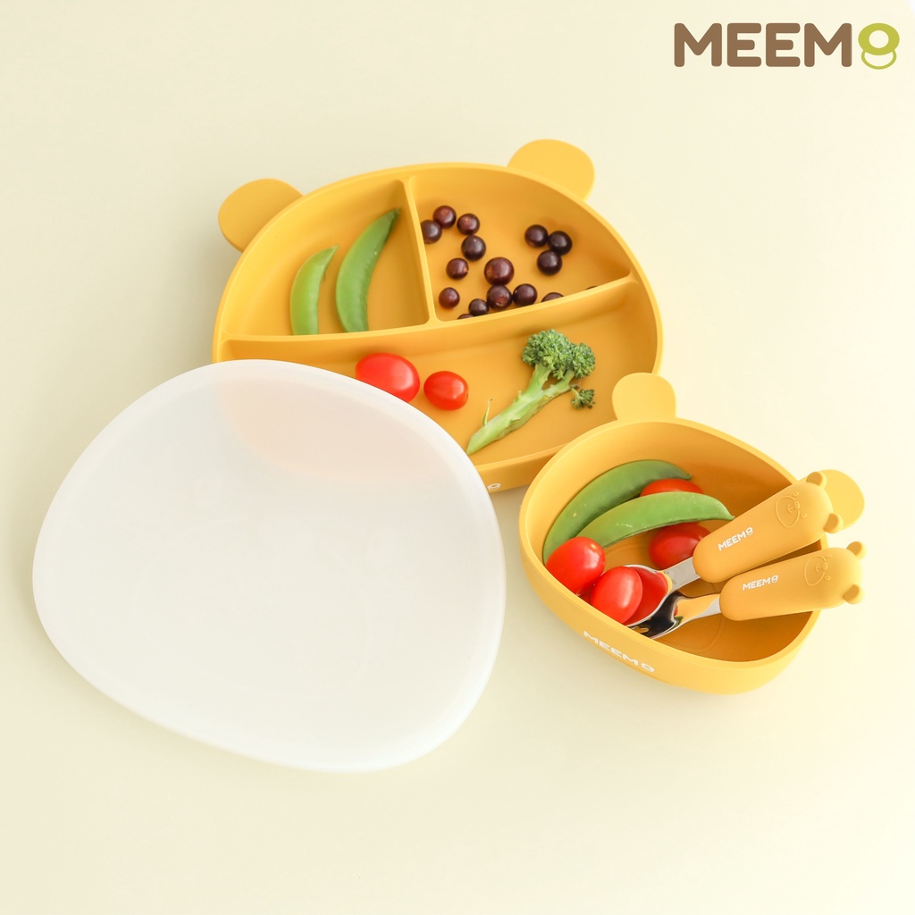 MEEM ชุดทานอาหารซิลิโคน 4 ชิ้น ลายหมี (จาน/ชาม/ช้อน/ส้อม) รุ่น Little ...