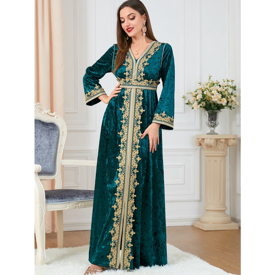 Autumn Winter Thicken Velvet Muslim Dress Women Abaya Embroidery Split ...