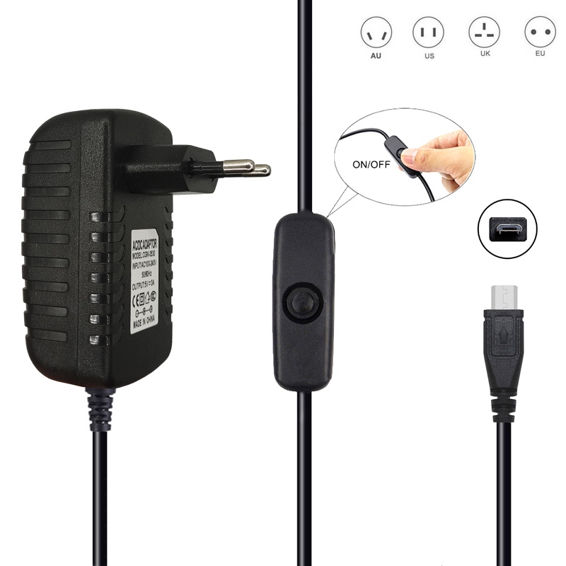 AC 100-240V DC 5V 3A อะแดปเตอร์จ่ายไฟพร้อมปุ่มสวิทช์พอร์ต Micro USB ...