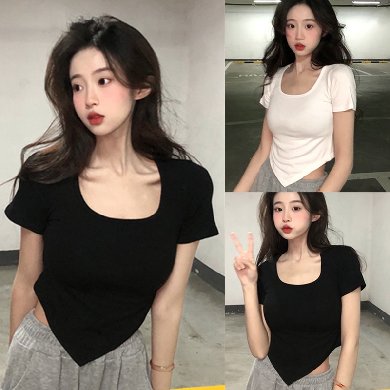【WJZ】เสื้อยืดแขนสั้น คอเหลี่ยม สีทึบ รูปทรงไม่สมมาตร ของผู้หญิง【9924】 | Shopee Thailand