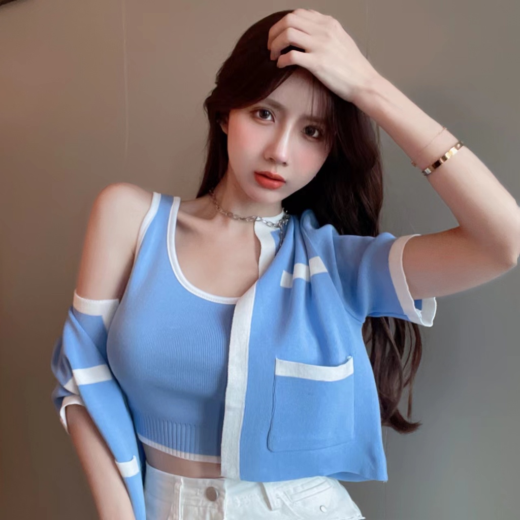 Lune_Grace 3030-1# ชุดเซ็ท เสื้อกล้าม+เสื้อคลุมไหมพรม ผ้านิ่มใส่สบายมากมี6สีน่ารัก | Shopee Thailand