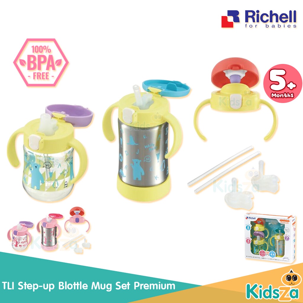 Richell Step-up Bottle Mug Set Premium ชุดแก้วหัดดื่ม 3 สเต็ป รุ่น TLI พร้อมแก้วสแตนเลส | Shopee ...