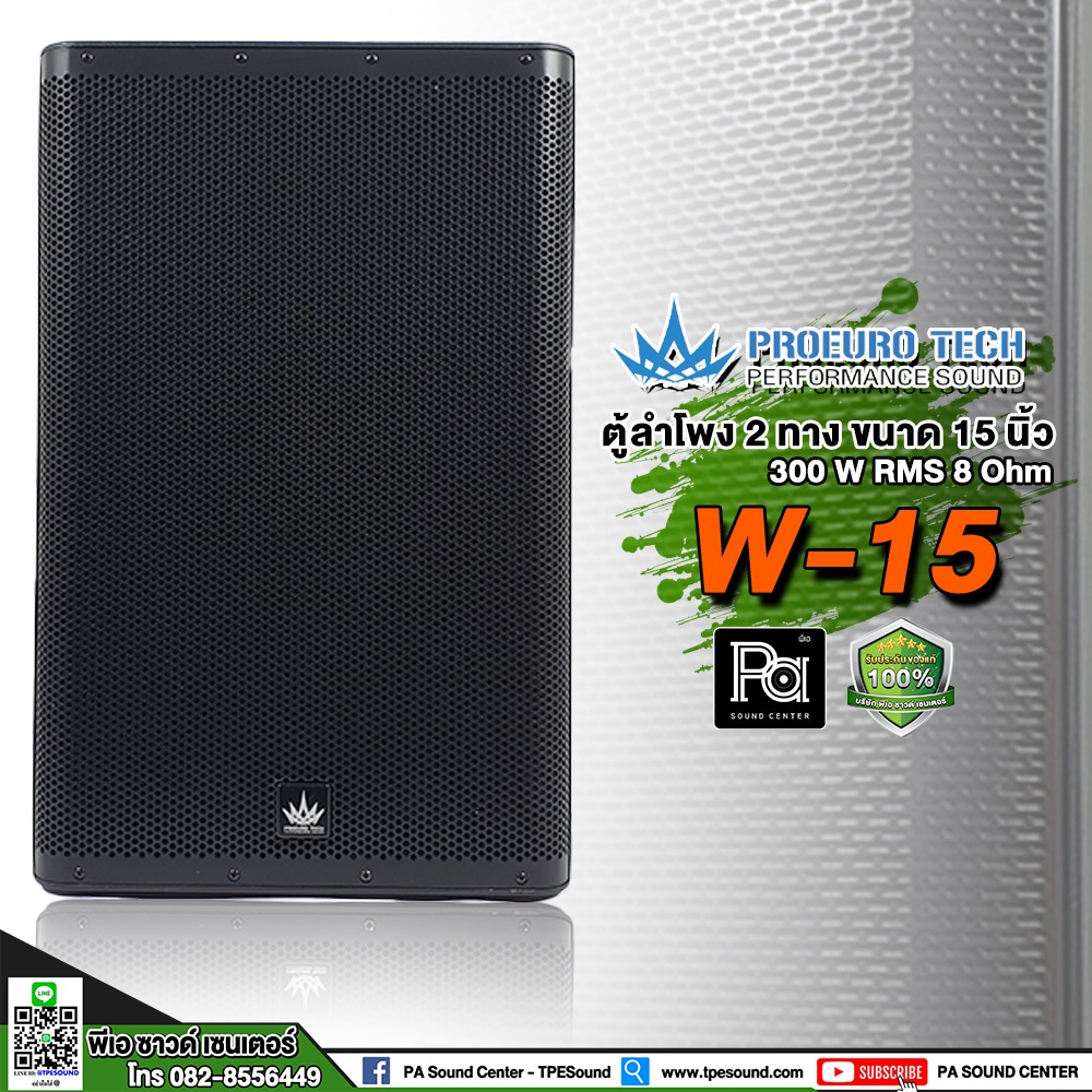 1 ใบ PROEURO TECH W-15 ตู้ลำโพง 15 นิ้ว 300 วัตต์ 8Ohm ลำโพง 2 ทาง ขนาด ...