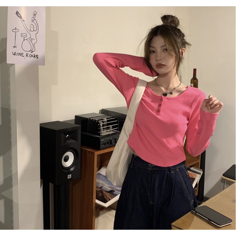 【WANG JIAO ZHAN】 ใหม่เสื้อยืดแขนยาวสีทึบถักเข้ารูป【467】 | Shopee Thailand