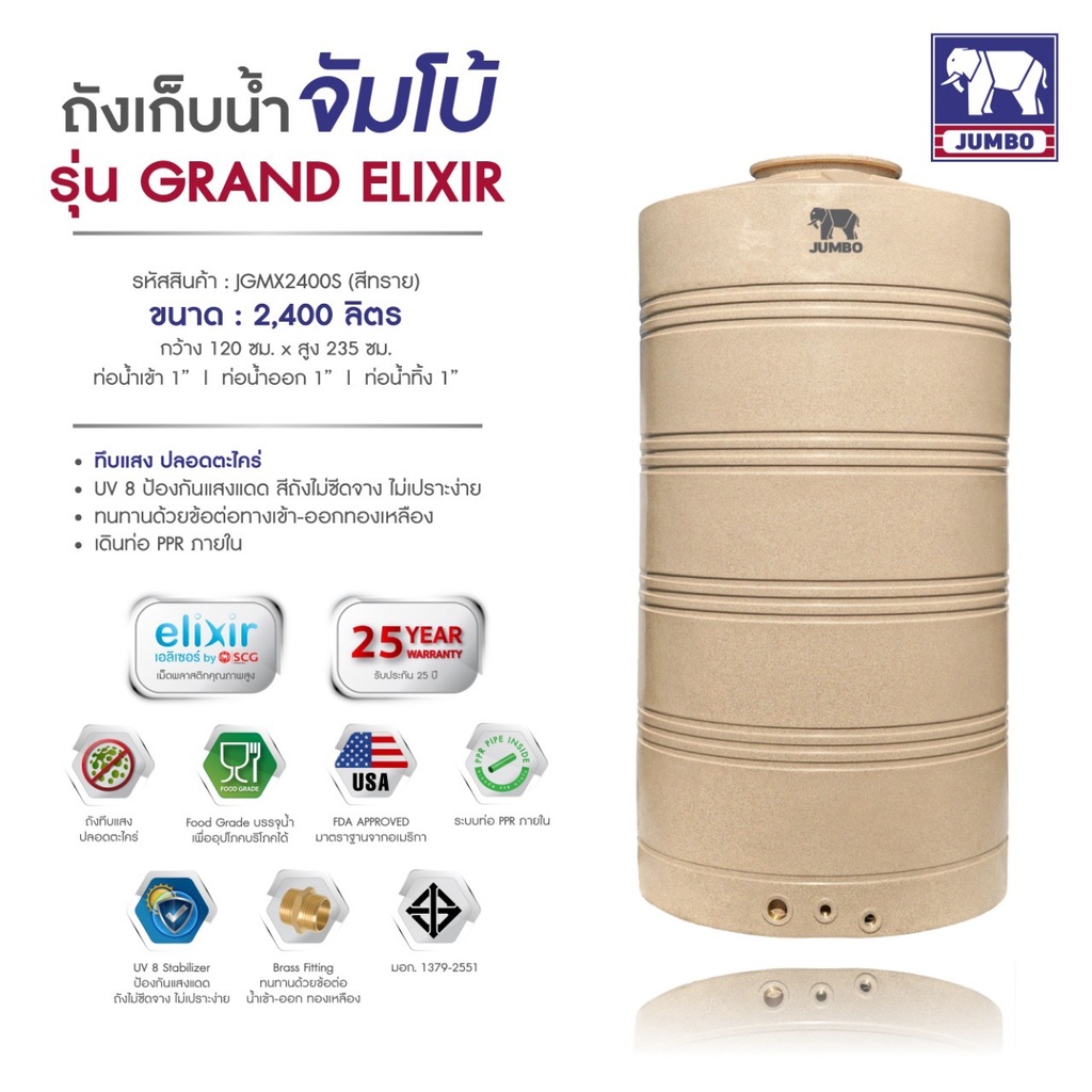 ถังเก็บน้ำ Jumbo (PE) รุ่นGrand Elixir ชนิดระบบเดินท่อภายใน รับประกัน 25ปี ฟรีลูกลอย 1 นิ้ว ...