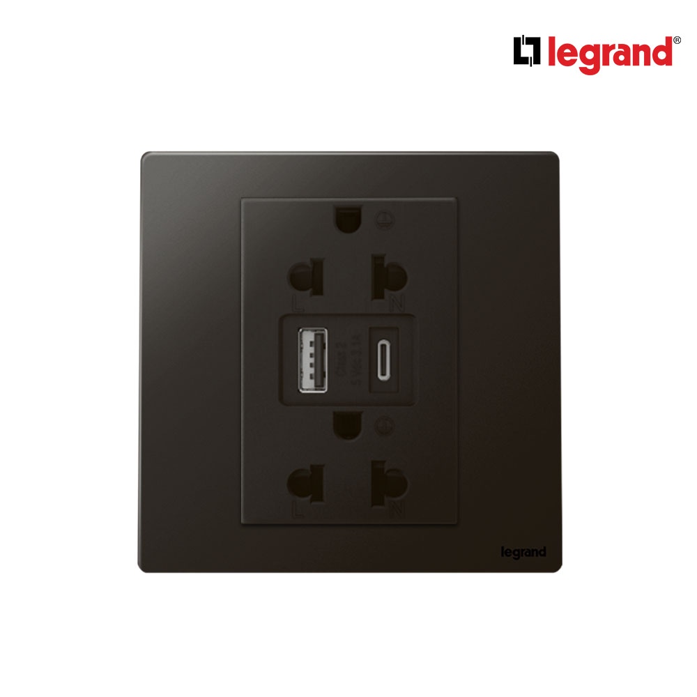 Legrand เต้ารับคู่มีกราวด์+USB Type A+C สีดำ | Mallia Senses | Matt ...
