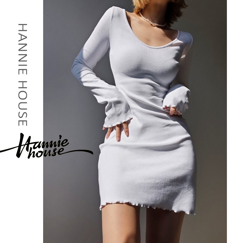 Hannie- ชุดเดรส ทรงเอ แขนยาว คอวี สีพื้น สําหรับผู้หญิง | Shopee Thailand