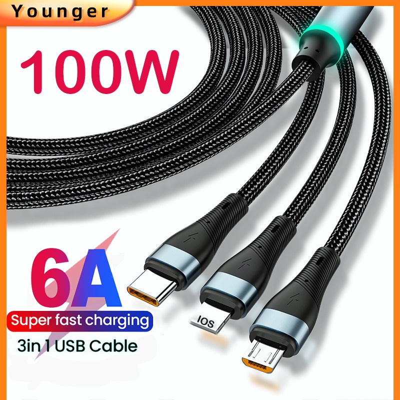สายชาร์จ USB 100W 3in1 6A ไนล่อนถัก ชาร์จไวมาก สําหรับ i-Phone 14 13 12 Micro USB Type-C Micro ...