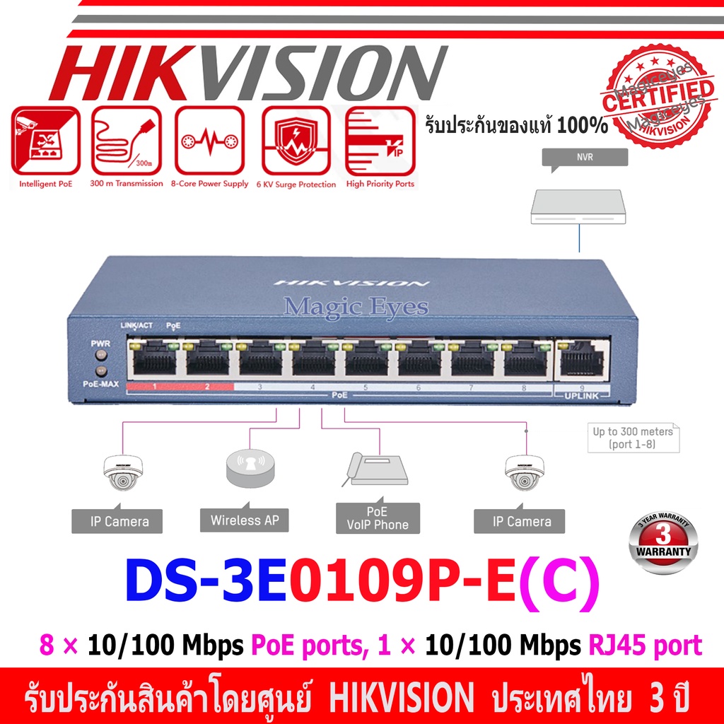 HIKVISION DS-3E0109P-E(C). 8-Port 100 Mbps Long-Range Unmanaged PoE ...