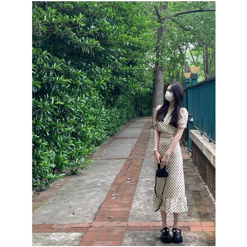 Annie Diary ชุดเดรสลายจุดสไตล์ฝรั่งเศสเสื้อแขนพองสำหรับผู้หญิงกระโปรง ...