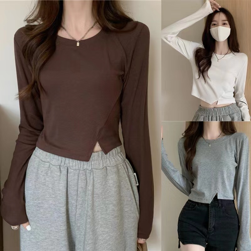 【WANG JIAO ZHAN】เสื้อยืดแขนยาวสไตล์เกาหลีแฟชั่นสตรีสีทึบคอกลม【6887 ...