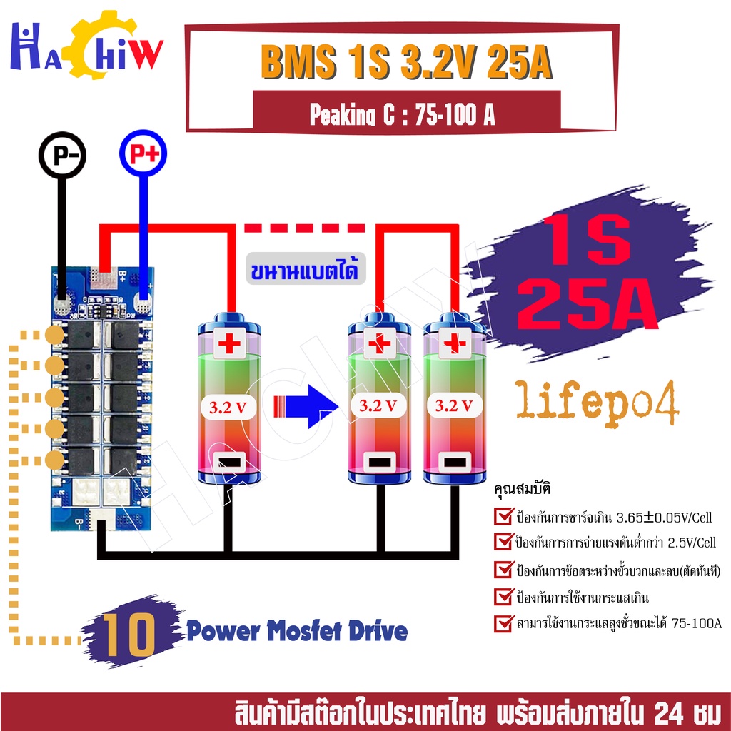 BMS 1S 3.2V 25A Lithium - LiFePo4 วงจรชาจ-ป้องกันแบตแบตลิเธียมฟอสเฟต ...