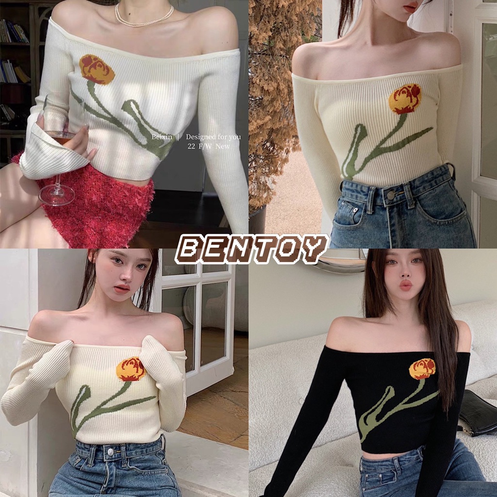 Bentoy(98116)เสื้อยืดแขนยาวเปิดไหล่ ลายดอก เซ็กซี่ | Shopee Thailand