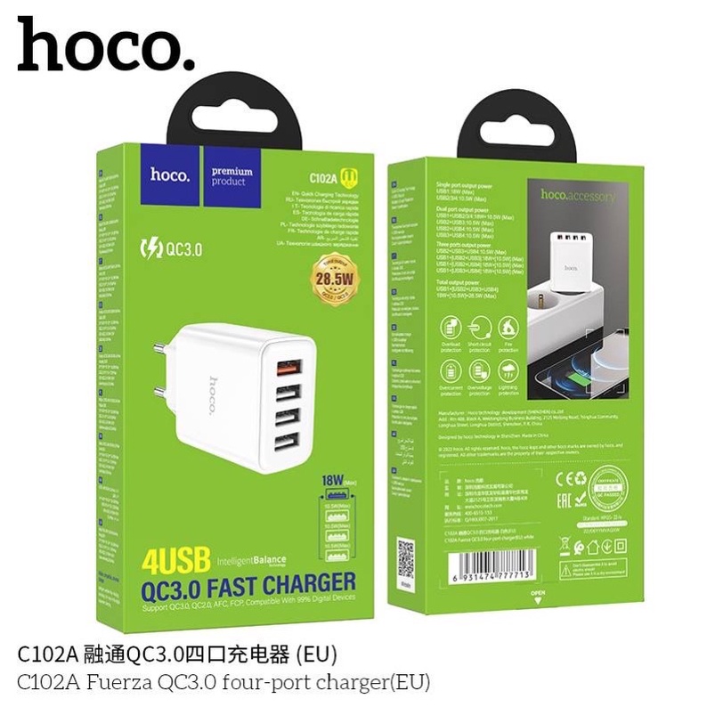Hoco C102A หัวชาร์จ 4USB+QC3.0 ขากลมแท้100% | Shopee Thailand