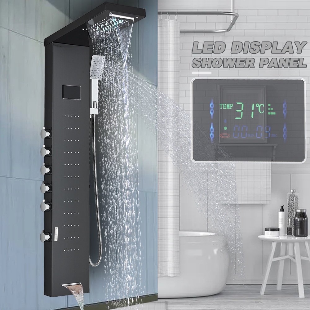 Bathroom LED Light Rain Waterfall Shower Panel Faucet Body Massage Jets ...