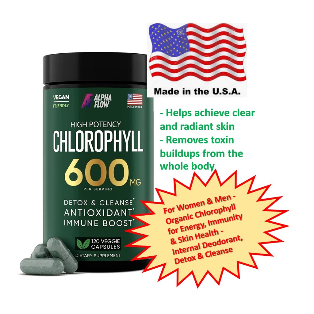 Chlorophyll Capsules 600 mg - By Alpha Flow for Women & Men, คลอโรฟิลล์ ...
