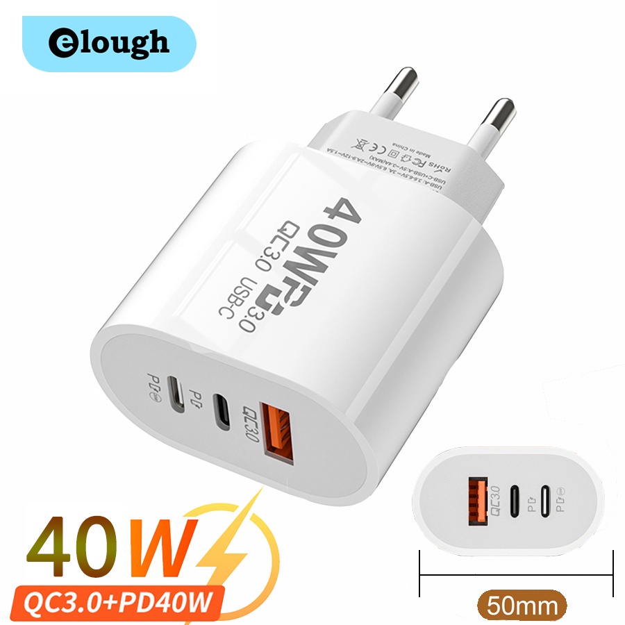 Elough อะแดปเตอร์ชาร์จโทรศัพท์มือถือ 40W USB C 3 พอร์ต Type C PD | Shopee Thailand