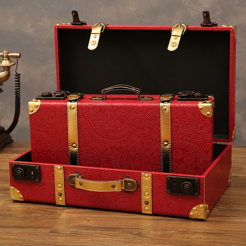 European Style Luxury Vintage Trunk Suitcase Red Travel Leather Luggage ...