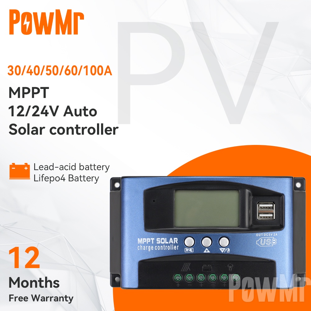 Powmr MPPT ตัวควบคุมการเก็บประจุพลังงานแสงอาทิตย์ 100A 60A 50A 40A 30A 12V 24V หน้าจอ LCD USB ...