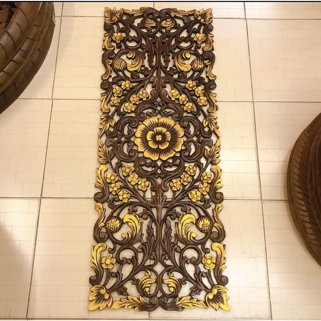 แผ่นไม้สัก แกะสลัก ลายดอก ปัดทอง ขนาด 35x90 cm. งานไม้สัก แผ่นไม้ฉลุ แผ่นไม้ติดผนัง ไม้แขวนผนัง ...