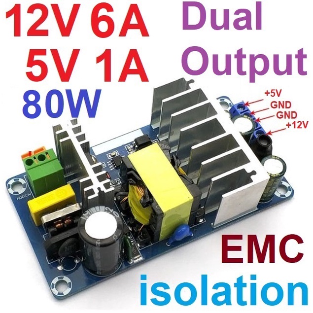 supply dual output 12V 6A and 5V 1A 80W Input 90-240Vac isolation ...
