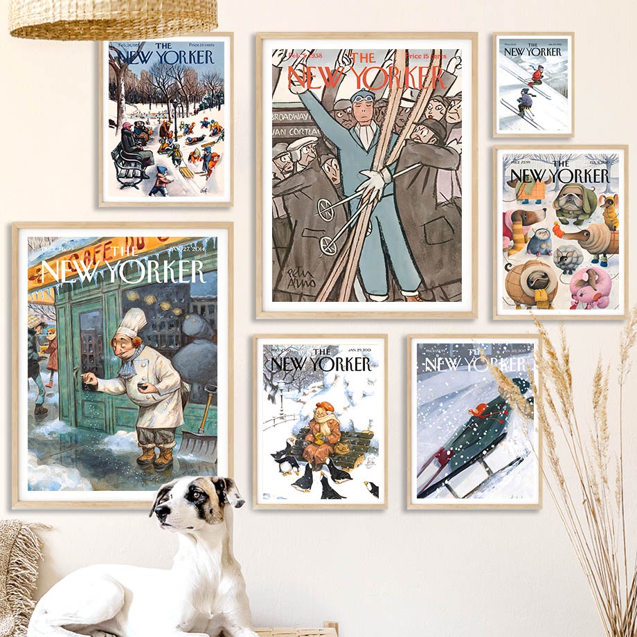 โปสเตอร์ภาพวาดผ้าใบ รูปสุนัขนิวยอร์ก Snow Park Ski Car Priest Winter ...