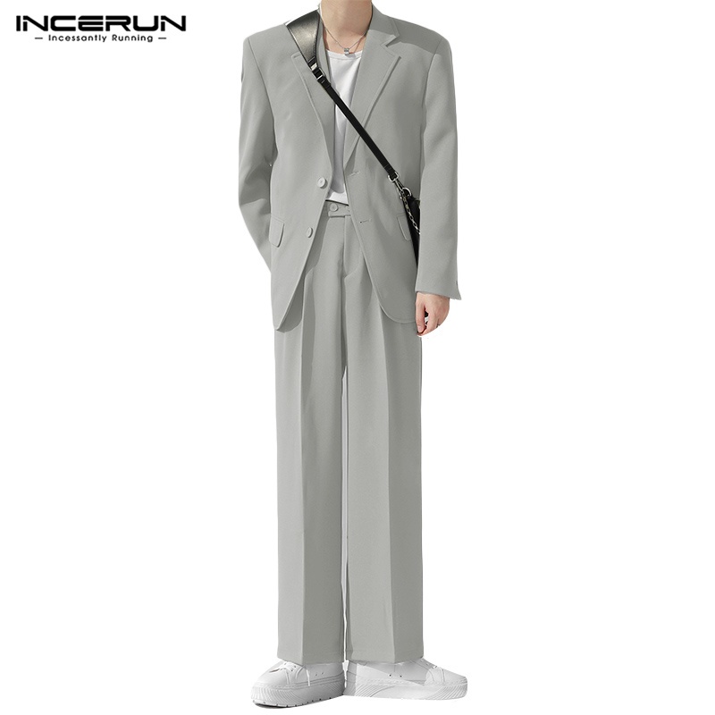Incerun เสื้อสูท เบลเซอร์ + กางเกงขายาว สีพื้น สองชิ้น สไตล์เกาหลี ...