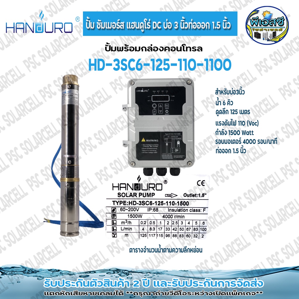 HANDURO DC ปั้มน้ำบาดาลโซล่าเซลล์ แฮนดูโร่สำหรับ บ่อขนาด 3นิ้ว(ตัวผอม ...