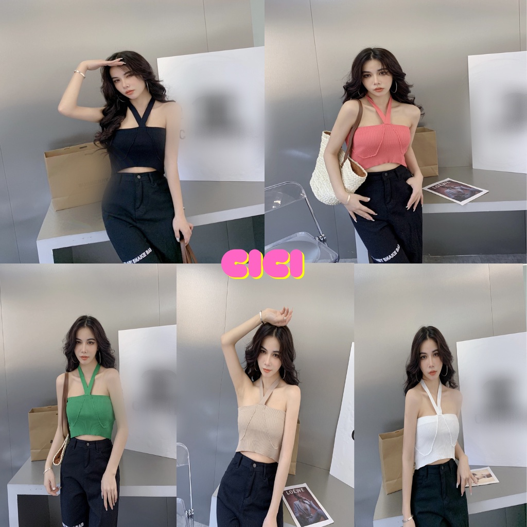 Cici(NO. 1738)เสื้อเกาะอกไหมพรมknit มีดีเทลสายผูกคล้องคอปังๆ เนื้อผ้ายืดได้เยอะ | Shopee Thailand