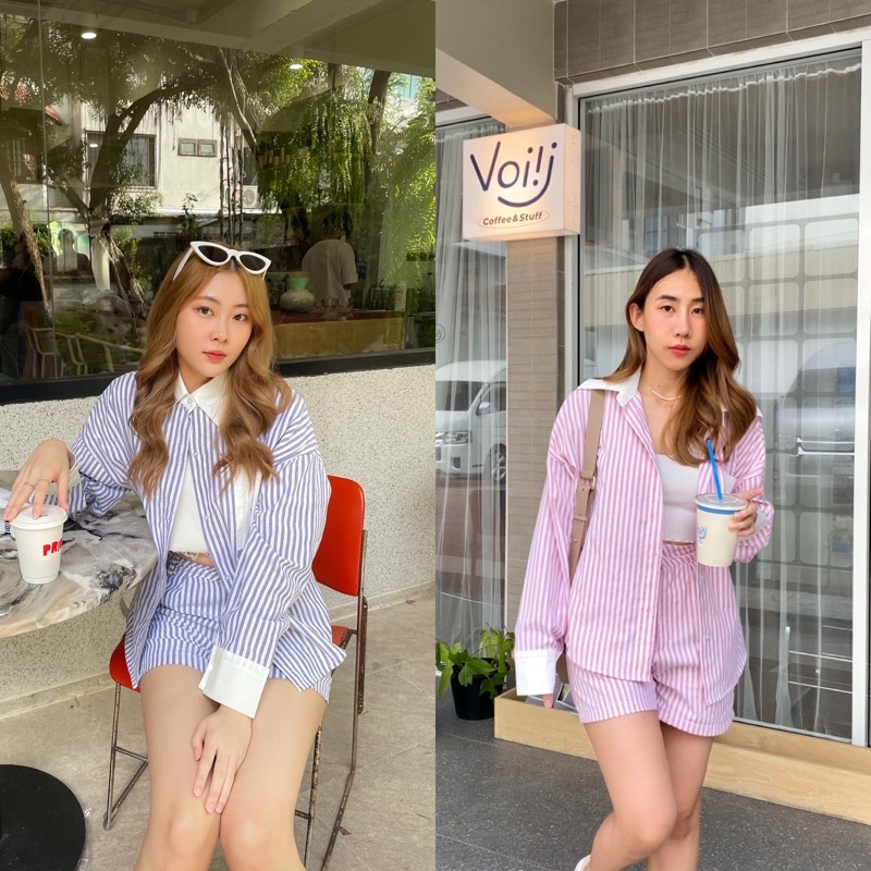 Muffin T-shirt ชุดเซตลายทาง ผ้าลินิน P001 | Shopee Thailand