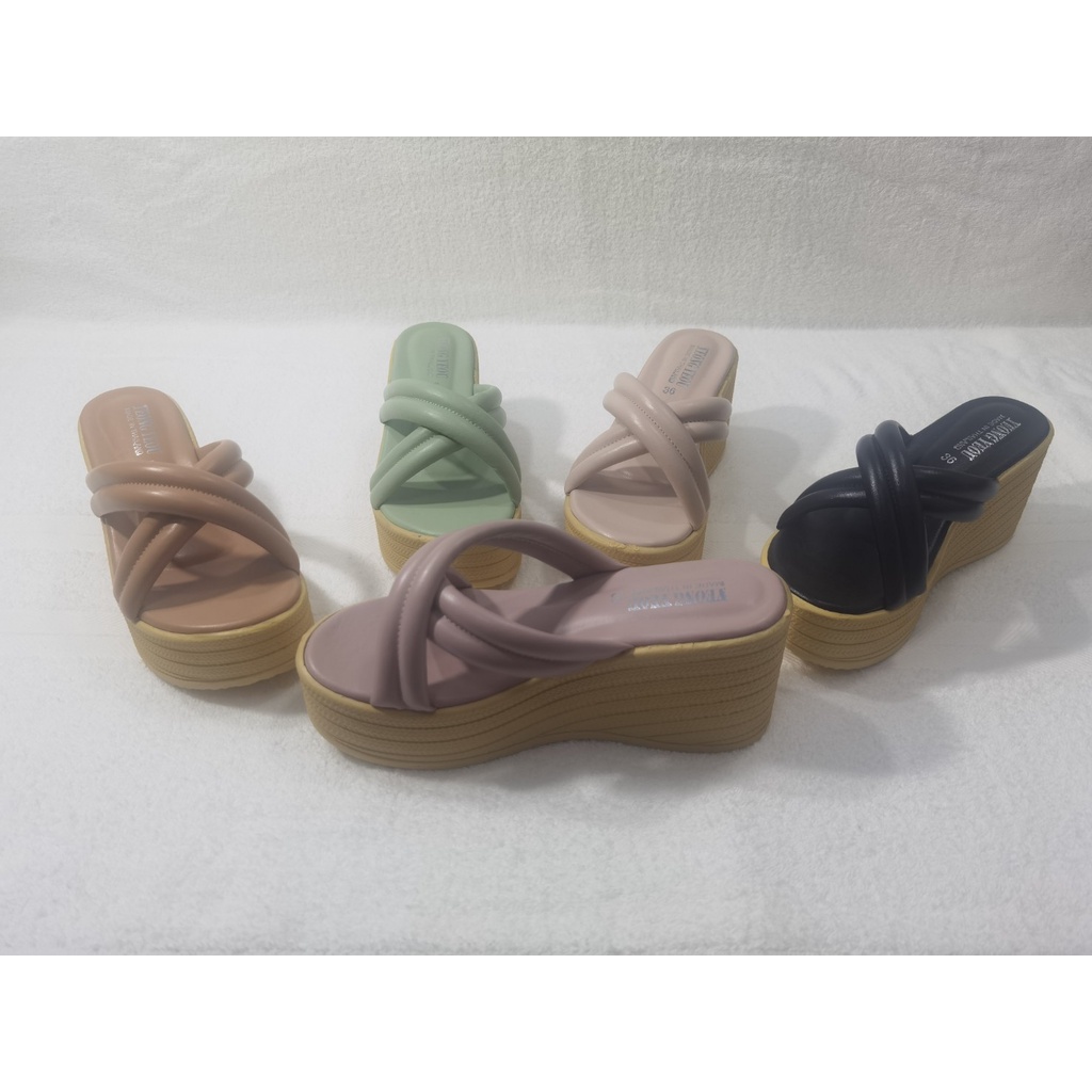 yeong yeou รองเท้าแตะแฟชั่นแบบสวมหน้าไขว้ส้นเตารีดสูง3นิ้ว รหัส yy9-022 ...