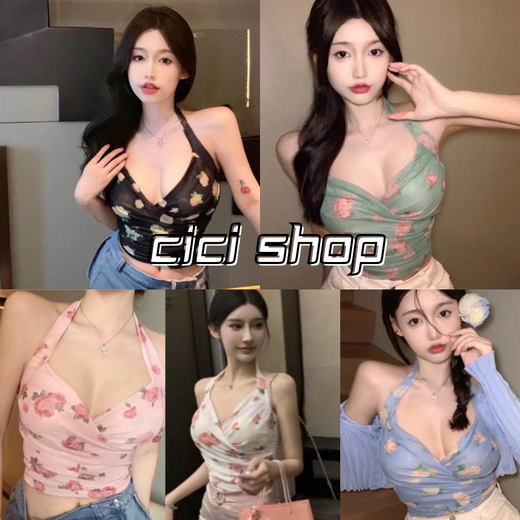 Cicishop(9001/J299)สายเดี่ยวคล้องคอ คอวี ลายดอกไม้ผ้าชีฟอง ลายดอกไม้ น่ารักเซ็กซี่สาวเปรี้ยวอม ...