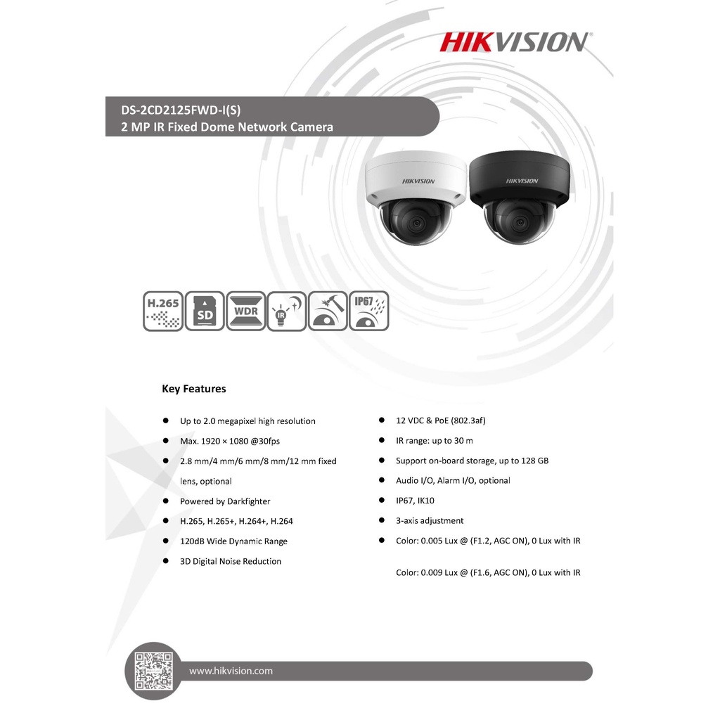 กล้องวงจรปิด Hikvision รุ่น DS-2CD2125FWD-IS 2 MP Powered-by-DarkFighter Fixed Dome Network ...