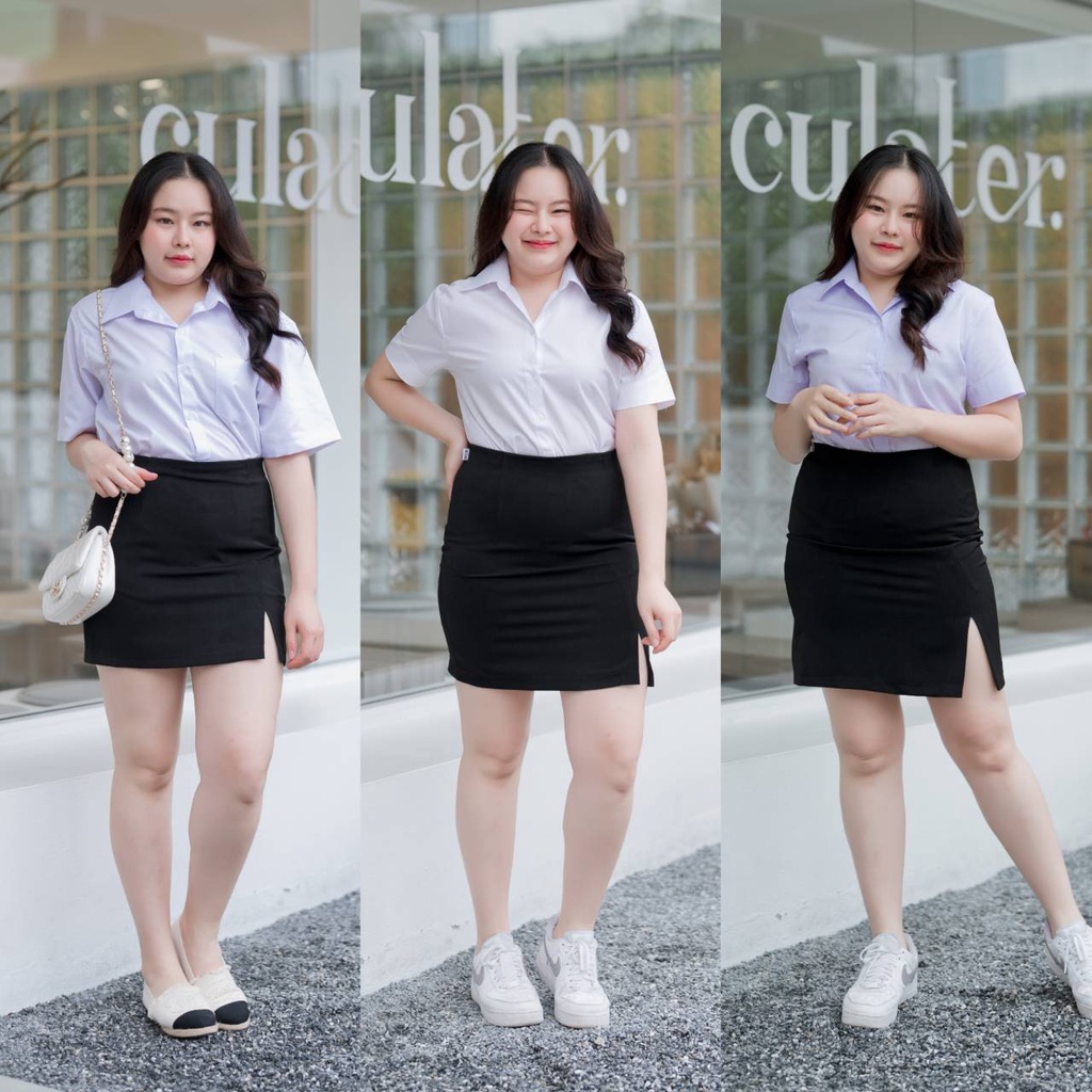 กระโปรงนักศึกษาทรงเอผ่าหน้าไซต์ใหญ่ ทรงเอผ่าหน้าสาวอวบ กระโปรงทรงเอ ผ้าฮานาโกะ สีดำ ผ้ายืด ...