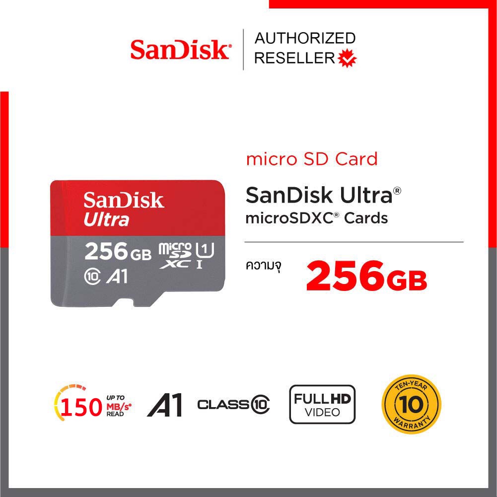 Sandisk Ultra Micro SD Card 128GB 256GB SDXC Class10 A1 Speed 140mb/s, 150mb/s (SDSQUAB) ใส่ ...