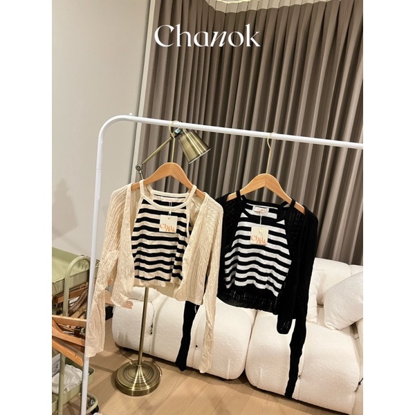 (Chanok) เสื้อไหมพรมคลุมแขนยาว+เสื้อกล้ามคล้องคอทอริ้วนุ่มนิ่มเนื้อยืด ...