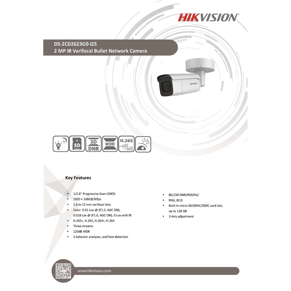กล้องวงจรปิด Hikvision รุ่น DS-2CD2623G0-IZS 2 MP Outdoor WDR Motorized Varifocal Bullet Network ...