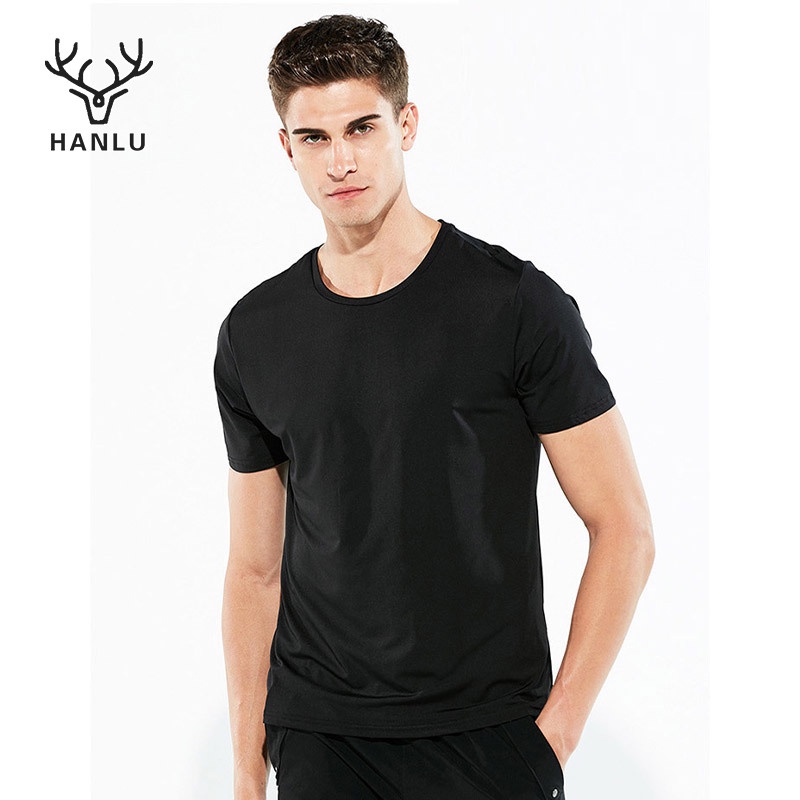 HANLU เสื้อยืดผู้ชายแฟชั่นคอกลมผ้าฝ้ายระบายอากาศแขนสั้นหลวมสีทึบเสื้อ ...