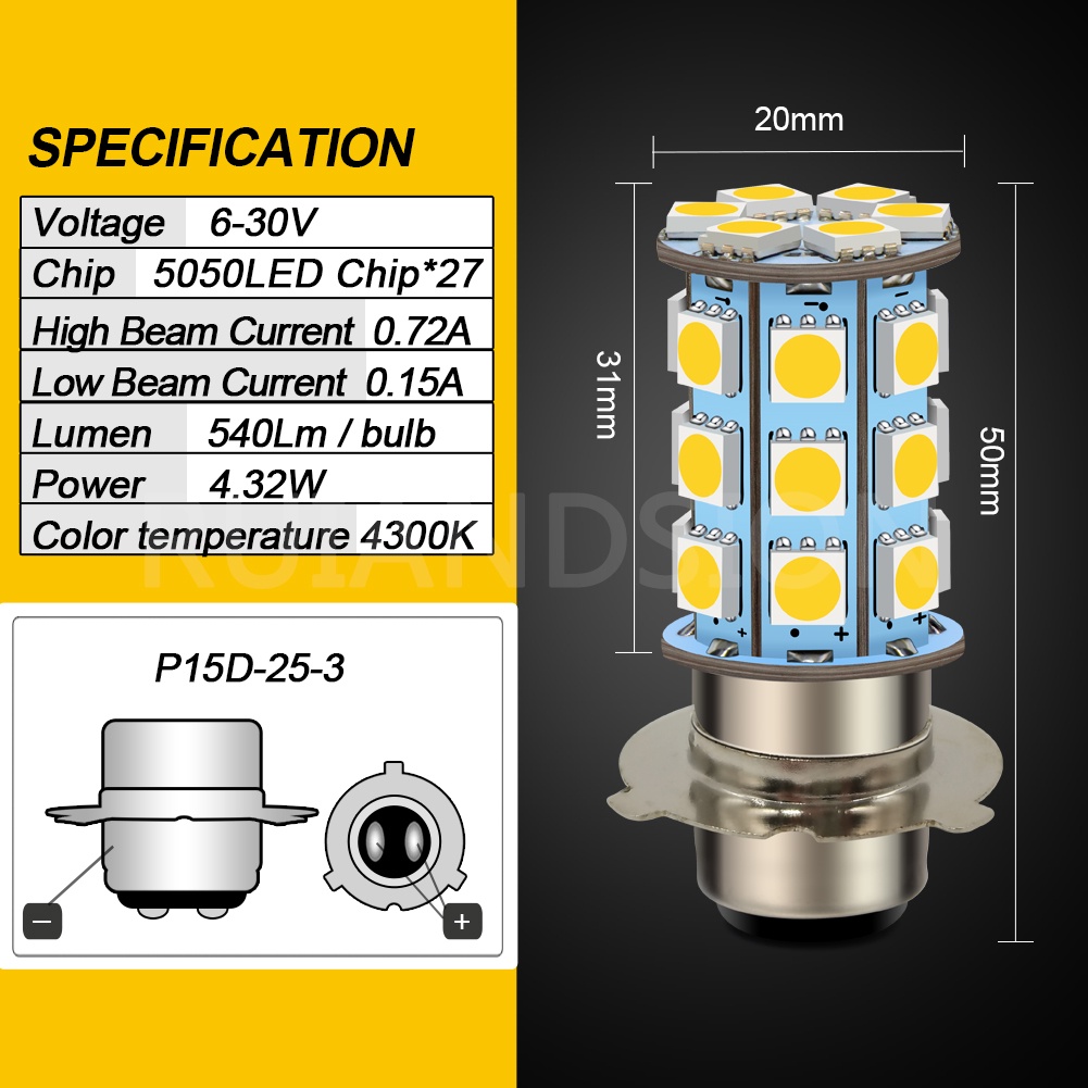 หลอดไฟหน้ารถจักรยานยนต์ LED P15D-25-3 H6M P15D 6V-30V 4300K สีขาวอบอุ่น ...