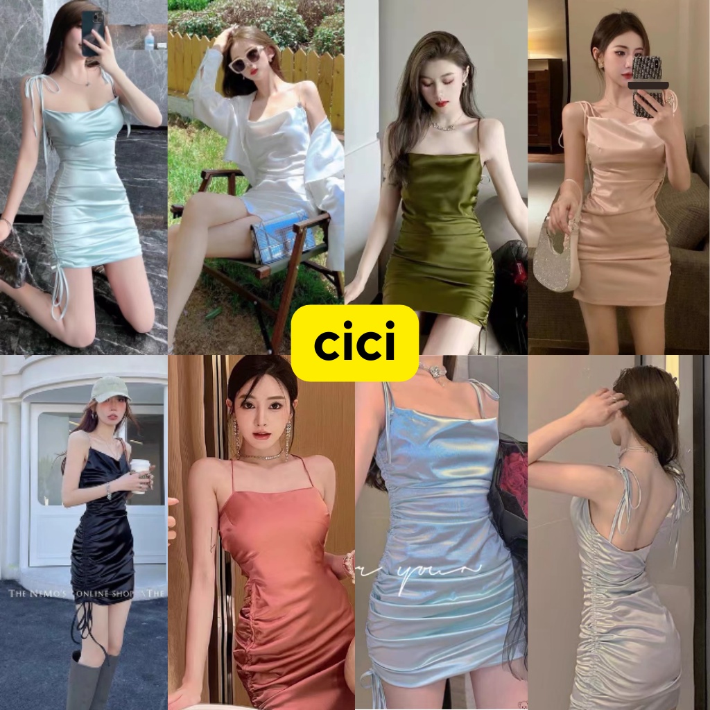 Cici(NO.2179)Satin Dress เดรสสั้นซาตินสายรูดข้าง สวยหรูดูแพงสุดๆ | Shopee Thailand