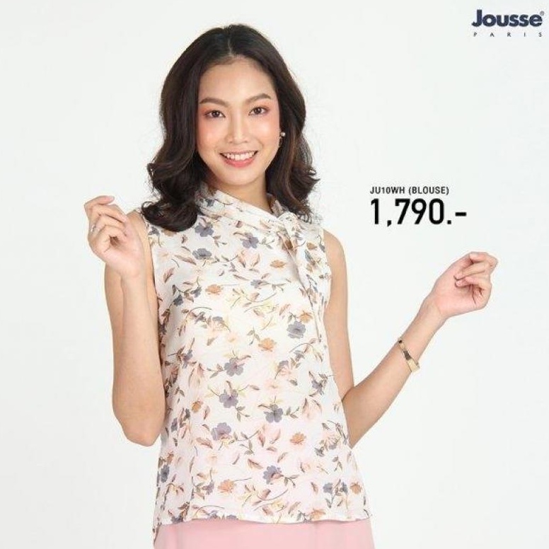 Jousse เสื้อแขนกุด Blouse เสื้อชีฟอง ลายดอกไม้สีขาว แขนกุด ดีเทลผูกโบว์ ...