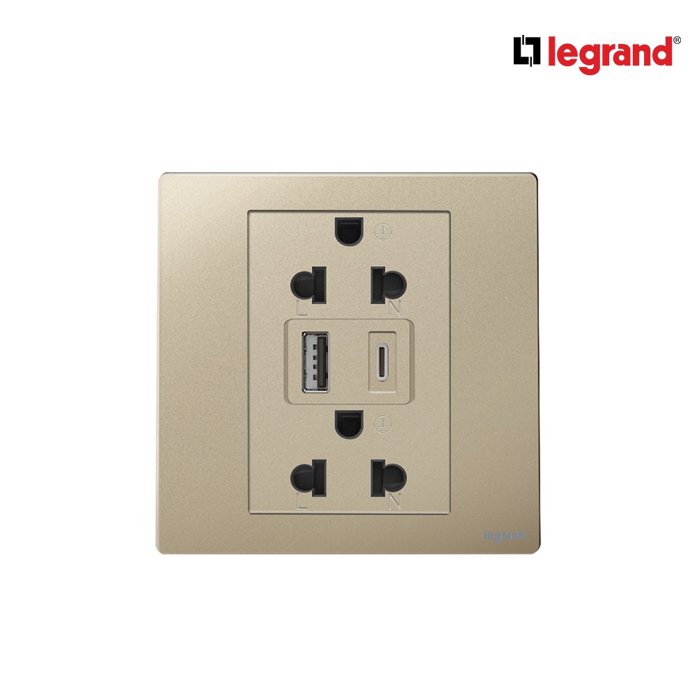 Legrand เต้ารับคู่มีกราวด์+USB Type A+C สีแชมเปญ1G EURO-US 16A Socket ...