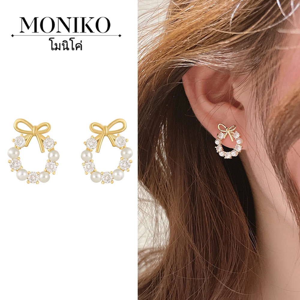 MONIKO เข็มเงิน S925 ต่างหูประดับมุกและเพทายรูปโบ แฟชั่นสไตล์เกาหลี ...