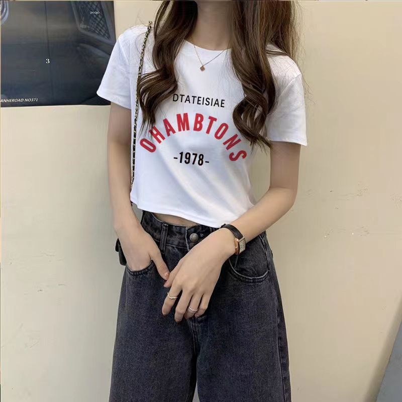 เสื้อยืดแขนสั้นเอวลอย เสื้อครอปพิมพ์ลาย | Shopee Thailand